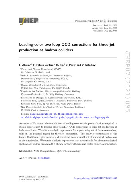 Pdf Leading Color Two Loop Qcd Corrections For Three Jet Production At Hadron Colliders