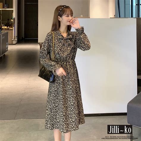 Jilli Ko 厚款碎花大擺連衣裙 黑咖啡 長袖洋裝 Yahoo奇摩購物中心