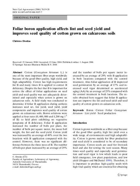 Pdf Foliar Boron Application Affects Lint And Seed Yield And Improves