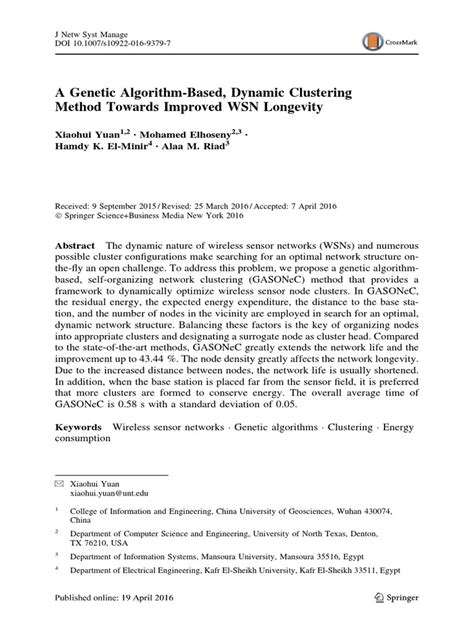 A Genetic Algorithm Based Dynamic Clustering Method Towards Improved Wsn Longevity Pdf