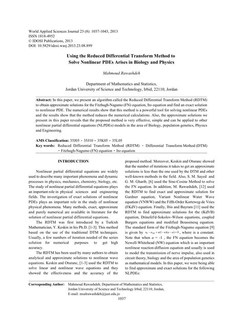 Pdf Using The Reduced Differential Transform Method To Solve Nonlinear Pdes Arises In Biology
