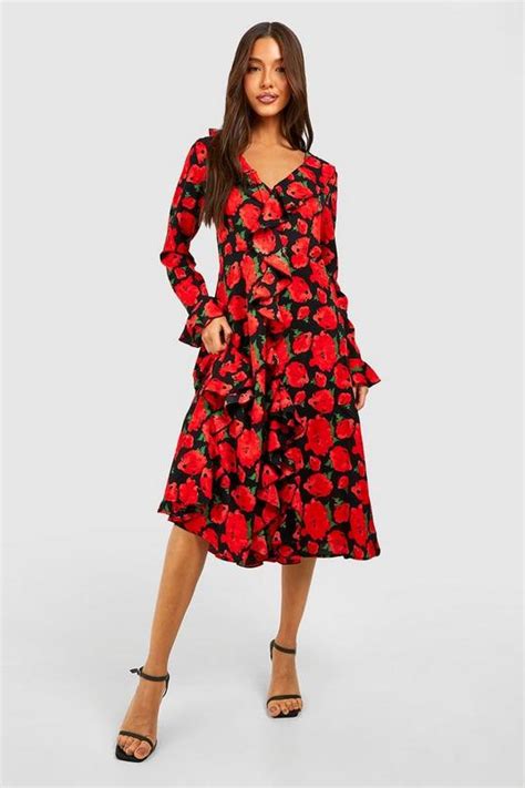 Rose Print Ruffle Midi Smock Dress Boohoo Uk