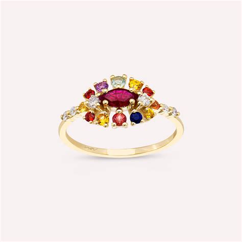 083 Ct Multicolor Safir Yakut Ve Pırlanta Taşlı Sarı Altın Yüzük Barkod Nev Jewellery