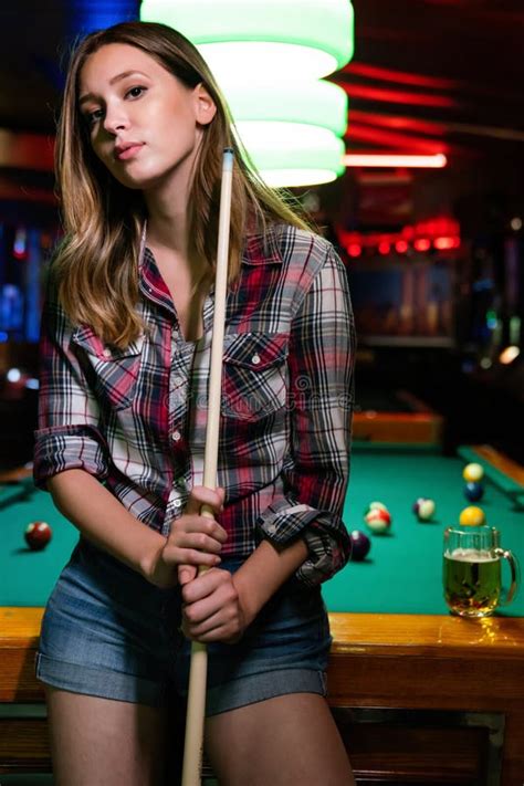 Portrait Of Beautiful Young Woman In Billiard Club Stock Image Image
