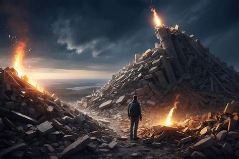 Premium Photo Man With The Light Torch On The Pile Of Rubble Looking