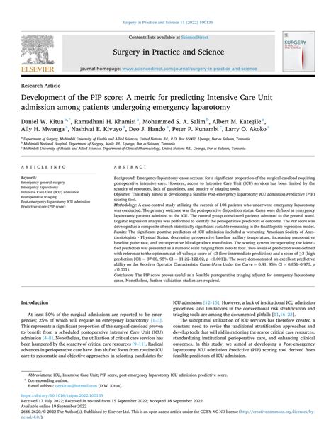 Pdf Development Of The Pip Score A Metric For Predicting Intensive