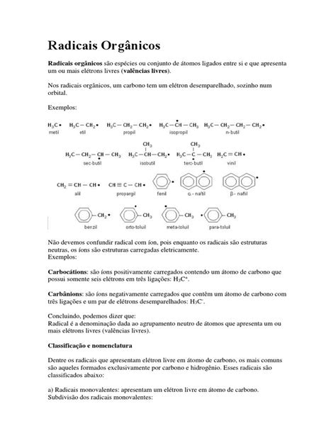 Radicais Orgânicos Pdf Radical Química Ligação Química