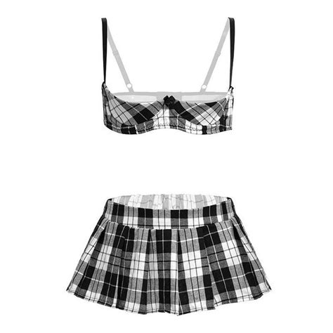 Sexy Women Plaid Print Copa Aberta Conjunto De Lingerie De Prateleira G String Pregueada