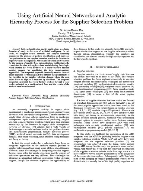 Using Artificial Neural Networks And Analytic Hierarchy Process For The Supplier Selection