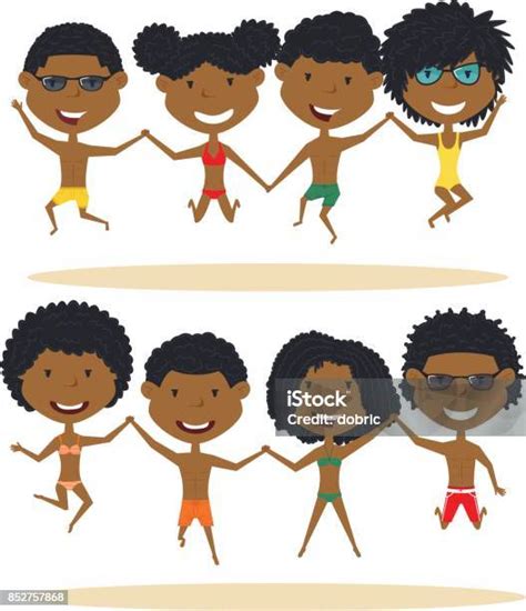 귀여운 흑인 여름 사람들이 해변 벡터 일러스트 레이 션에 점프 감정에 대한 스톡 벡터 아트 및 기타 이미지 감정 개체 그룹