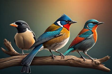 Vector Illustration Of A Group Of Colorful Birds Sitting On A Branch