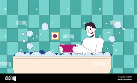 Happy Man With Smartphone Taking Bath Cartoon Flat Illustration Stock