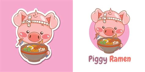 Premium Vector Cute Pig Chef Mascot Logo Eating A Ramen Japanese Food