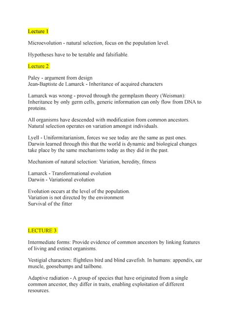 Lec 1 6 Lecture Notes For Lectures 1 6 Lecture 1 Microevolution Natural Selection Focus
