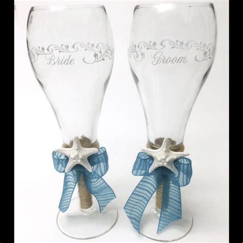 Dining Bride Groom Nautical Beach Wedding Champagne Flutes Toasting