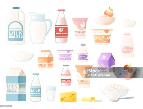 치즈 요구르트 코티지 치즈 만화 스타일 격리된 벡터 일러스트레이션을 포함한 유제품 세트 과일에 대한 스톡 벡터 아트 및 기타