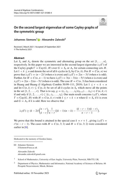 Pdf On The Second Largest Eigenvalue Of Some Cayley Graphs Of The Symmetric Group