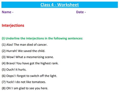 Interjections Class 4 Worksheet Fill In The Blanks With Suitable Interjections Underline The