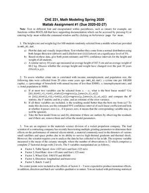 Matlab Practice Problem 2 CHEM ENG 231 Math Modeling Spring 2020