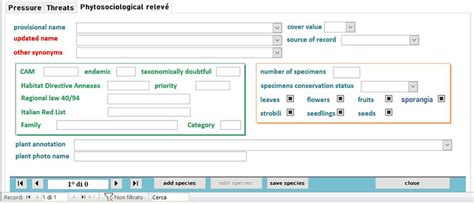 Detail Of Phytosociological Relevé Data Entry Form In Database