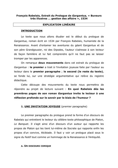 Explication Linéaire Prologue Gargantua Rabelais