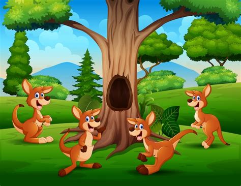 Un Grupo De Canguros Jugando Bajo El árbol Vector Premium