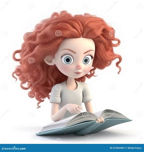 3d Girl Cute With Big Hair Reading Book Generative Ai Stock