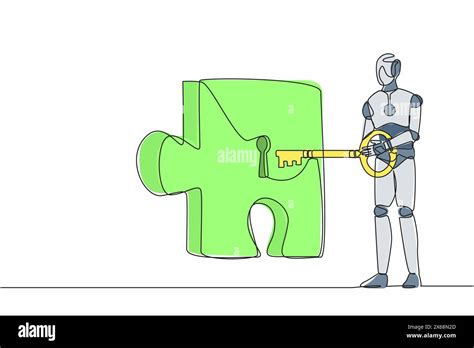 Single Continuous Line Drawing Robot Putting Big Key Into Puzzle Piece Teamwork And Partnership
