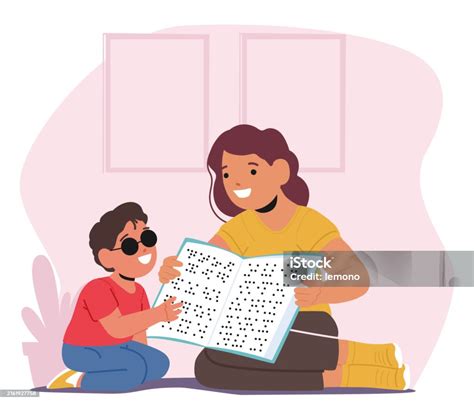 교사와 함께 점자 책을 읽는 특별한 도움이 필요한 학생 육성 교육 및 포용 만화 벡터 장면 장애에 대한 스톡 벡터 아트 및 기타