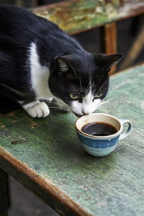 A Cute Cat Is Drinking Coffee