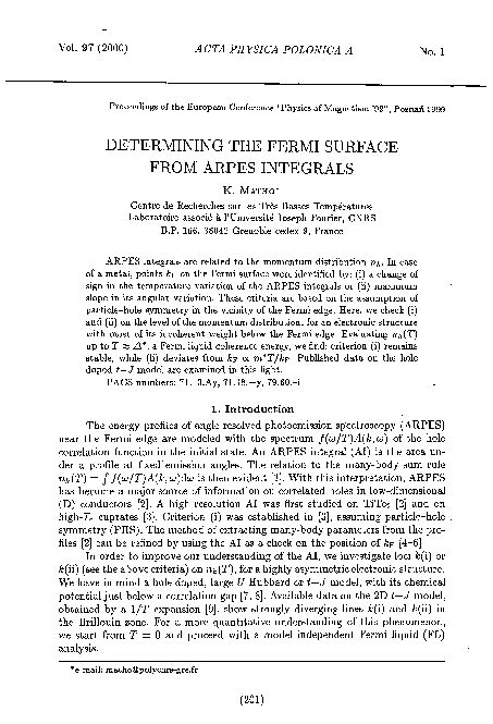 Pdf Determining The Fermi Surface From Arpes Integrals