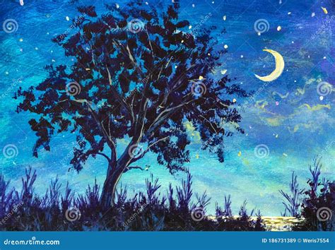 Cielo Estrellado Nocturno De Pintura Al óleo Con Luna Y árbol Solitario