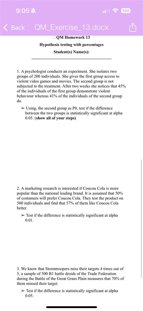 Solved QM Exercise 13 Hypothesis Testing With Percentages Chegg Com