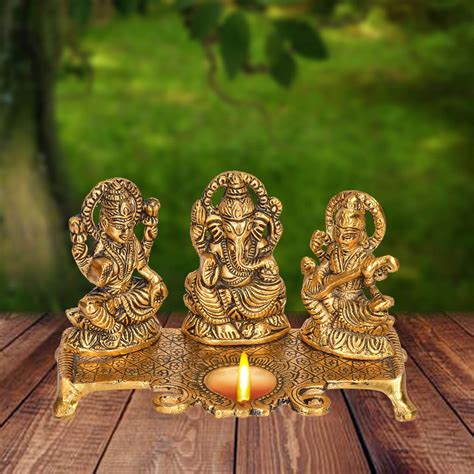Gold Plated Lakshmi Ganesh Saraswati Idol With Deepak Ram Mandir Store