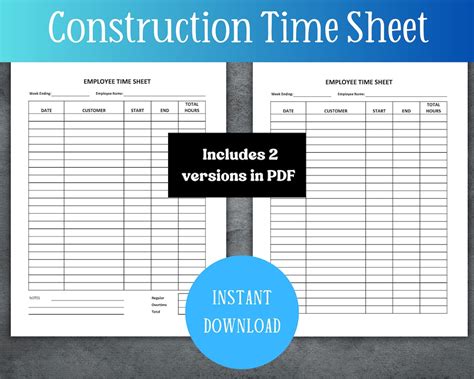 Construction Time Sheet Construction Timesheet Small Business Time Sheet Employee Time Sheet