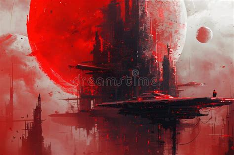 Futuristic Post Apocalyptic Urban City Ruins Under Red Sky Alien
