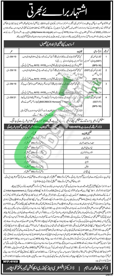 Elementary And Secondary Education Department Kpk Jobs 2020 Nts Online
