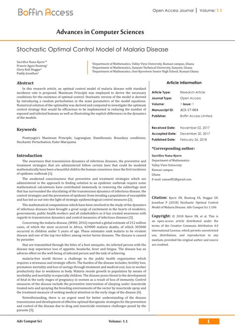 Pdf Article Information Stochastic Optimal Control Model Of Malaria Disease