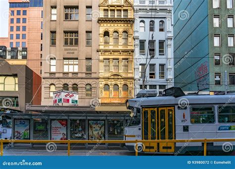 Tram Arriving On Tram Stop On Elizabeth Street In Melbourne Cbd