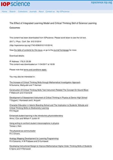 Pdf The Effect Of Integrated Learning Model And Critical Thinking