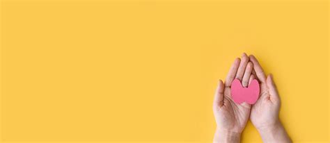 세계 갑상선의 날 여성의 손은 노란 배경에 갑상선 종이 형태를 잡고 있습니다 갑상선 문제 다낭성 질환 세계 암의 날 복사 공간을 복사합니다 기치 Charitable