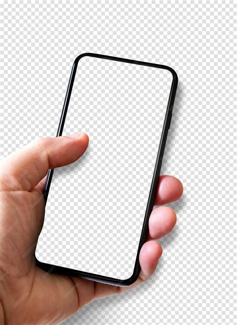 그림자가 있는 투명한 배경 레이어에 격리된 빈 화면이 있는 스마트폰을 들고 있는 손 프리미엄 Psd 파일