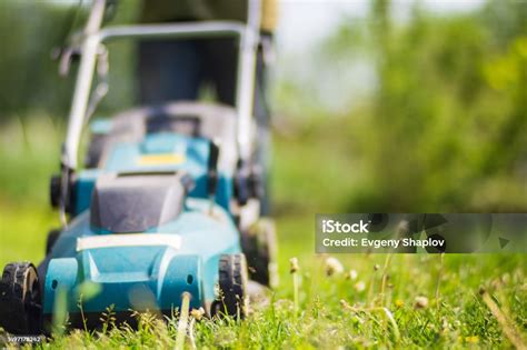 현대 정원이나 뒤뜰의 푸른 잔디에 잔디 이동 잔디밭을 자르는 기계 원예 관리 도구 및 장비 0명에 대한 스톡 사진 및 기타 이미지 Istock