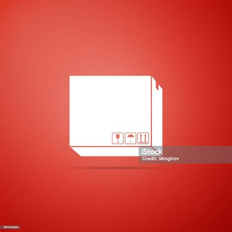 교통 기호 아이콘이 빨간색 배경에 고립 된 판지 골 판지 상자 상자 패키지 소포 기호입니다 배달 및 포장 운송 및 배송 평면 디자인입니다 벡터 일러스트 레이 션 0명에 대한