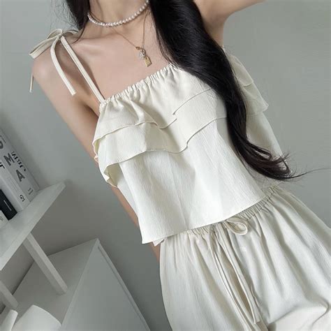 오프윤 Set 카피x 미르 린넨 마 프릴 캉캉 리본 스트랩 크롭탑나시 허리밴딩 와이드팬츠 투피스세트 투피스셋업 2color