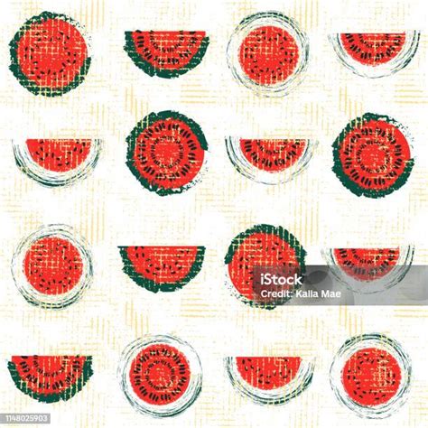 Tangan Merah Dan Hijau Ditarik Vintage Semangka Latar Belakang Vektor