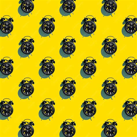 Premium Photo Pattern Of Black Alarm Clocks On Yellow Background Timeout Or Execution Time Concept