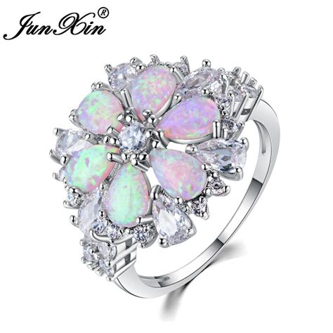 JUNXIN Luxury Rainbow Fire Opal Flower Ring 925 Sterling Silver Filled