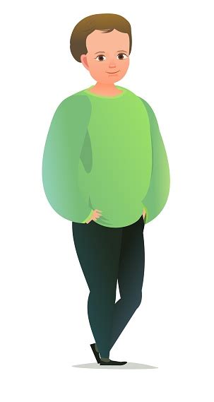 바지와 스웨터에 잘 생긴 어린 소년 쾌활한 중년 십대 쾌활한 사람 스탠딩 포즈 만화 만화 플랫 디자인 단일 문자입니다 흰색