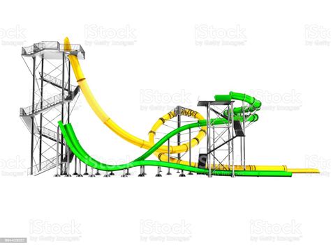 현대 두 노란색과 녹색 물에 대 한 슬라이드 워터 파크 화이트 사이드 3d 렌더링에 배경 그림자 3차원 형태에 대한 스톡 사진 및 기타 이미지 Istock